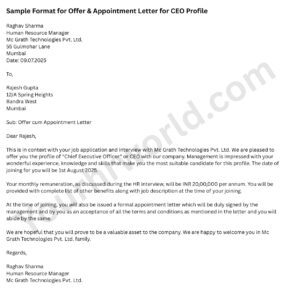 Offer & Appointment Letter Format for CEO Profile - HR Letter Formats