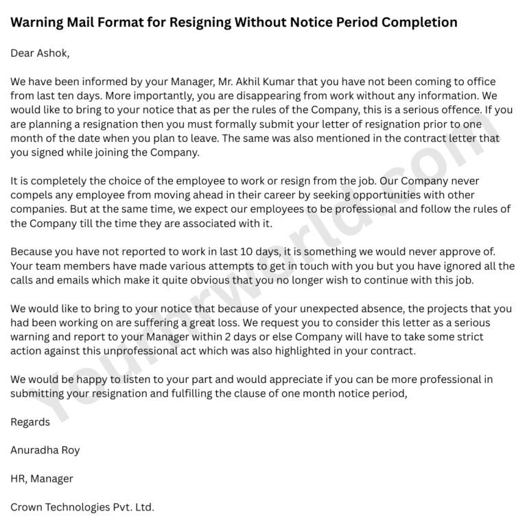 Format For Warning Mail on Resignation Without Notice Period Completion ...