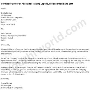 Sample Letter of Assets Format For Issuing Laptop, Mobile Phone and SIM ...
