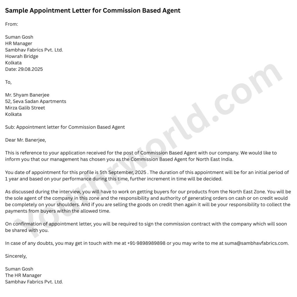 Appointment Letter for Commission Based Agent - HR Letter Formats