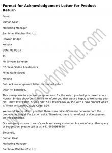 Acknowledgement Letter for Product Return - HR Letter Formats