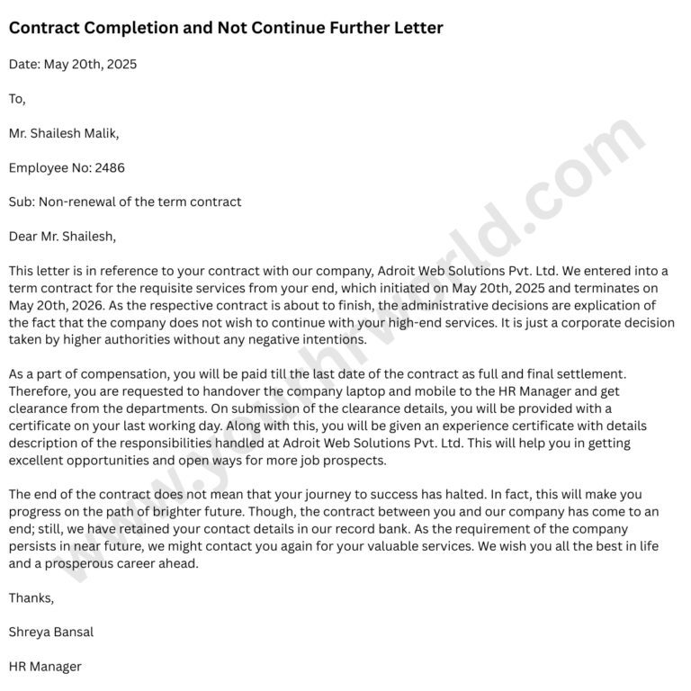 Contract Completion and Not Continue Further Letter Format in Word - HR ...