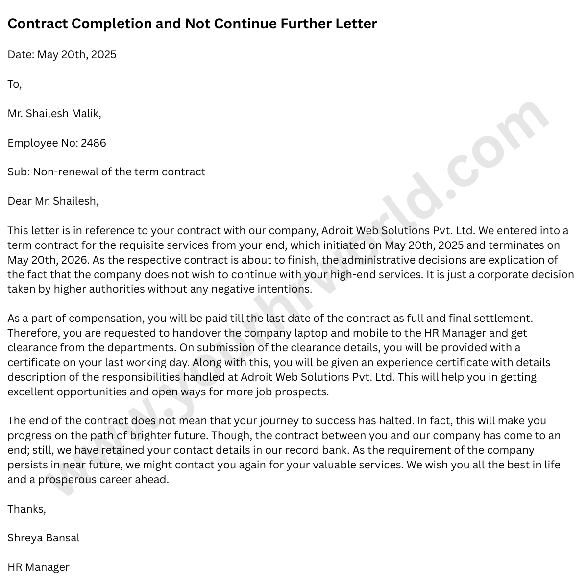 Contract Completion and Not Continue Further Letter Format in Word - HR ...