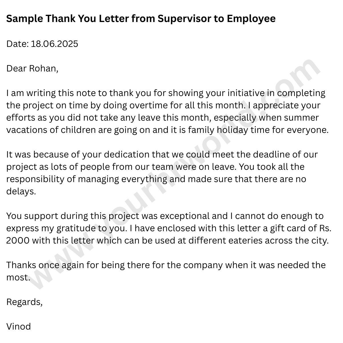 Thank You Letter from Supervisor to Employee | HR Letter Formats