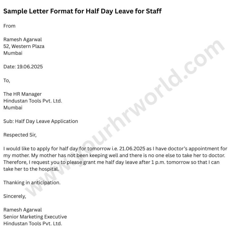 Easy Format of Half Day Leave Application Email