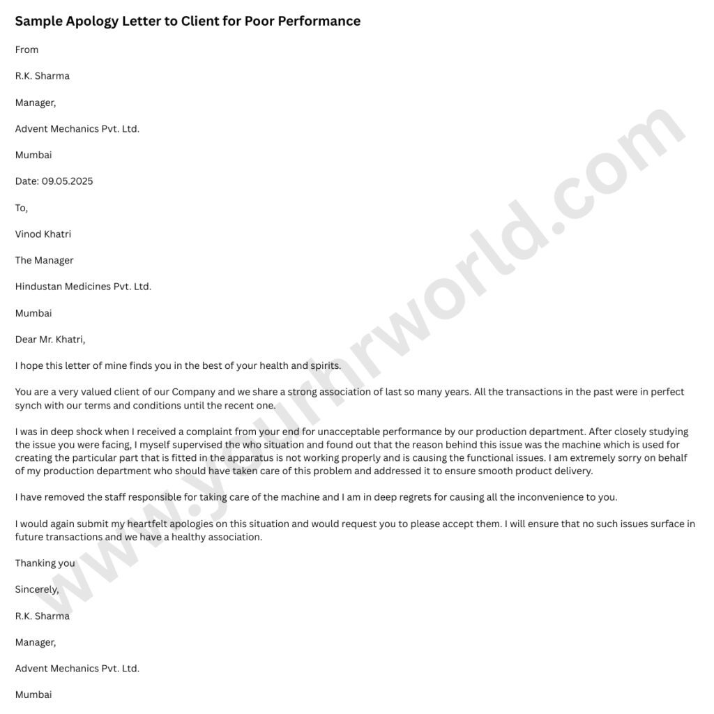 Apology Letter to Client for Poor Performance | HR Letter Formats