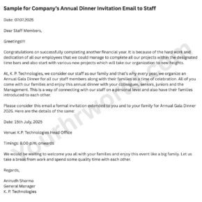 Annual Dinner Invitation Email to Staff | Dinner Invitation mail‎ | HR ...