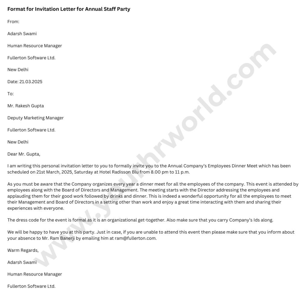 Sample & Example of Invitation Letter for Annual Staff Party | HR ...