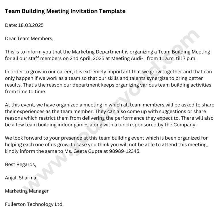 Team Building Meeting Invitation Email Sample | HR Letter Formats