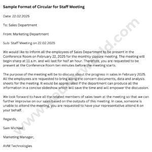 Sample of Circular for Staff Meeting - HR Letter Formats