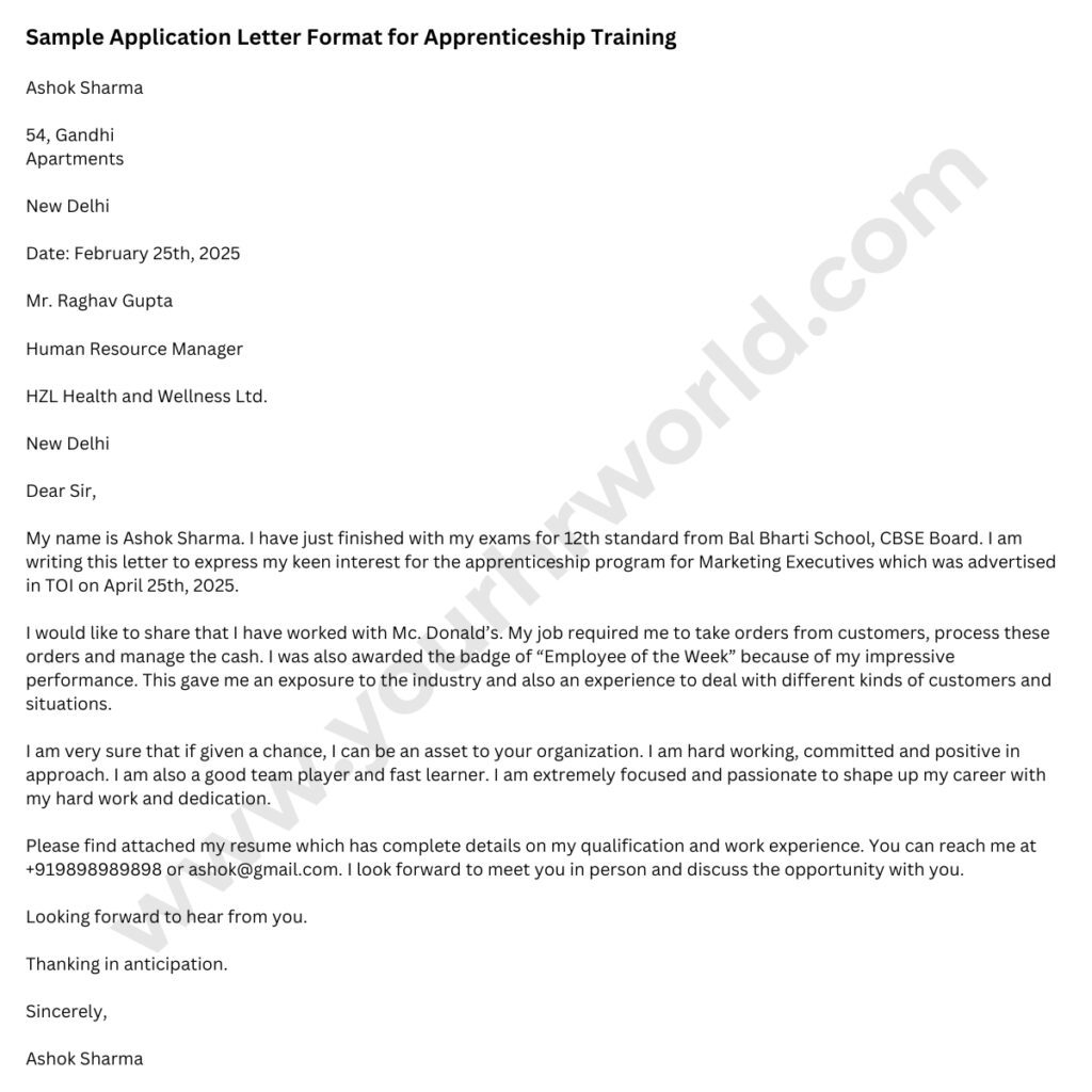 Application Letter Format for Apprenticeship Training