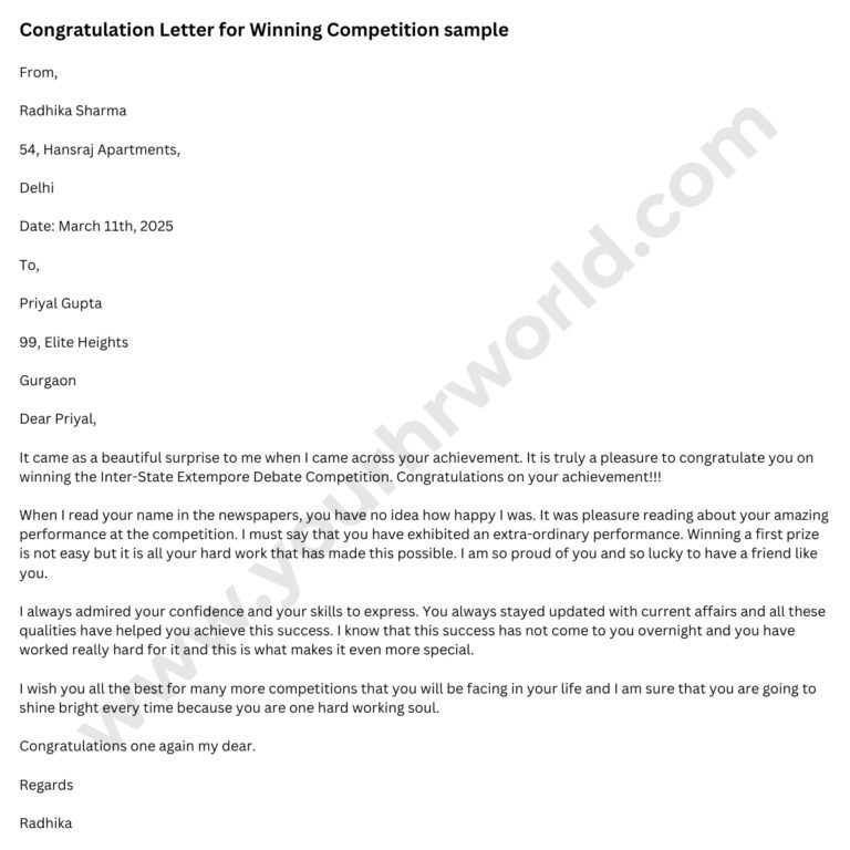 Congratulations Letter for Winning a Competition in English