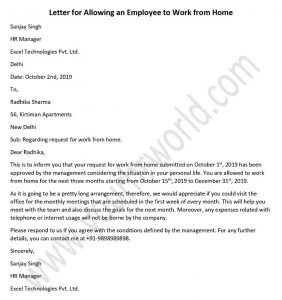 Letter for Allowing an Employee to Work from Home | Request Letter