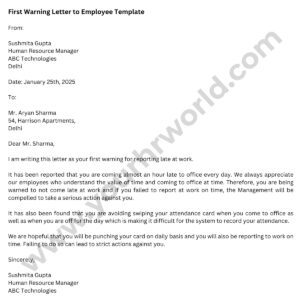 First Warning Letter to Employee Sample template