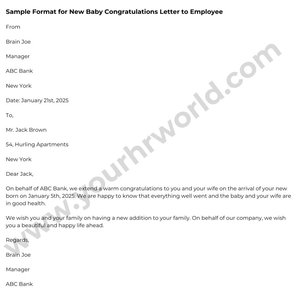 Congratulations Letter to Employee for New Born Baby