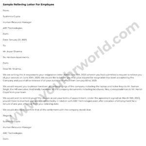 Relieving Order Letter - HR Letter Formats