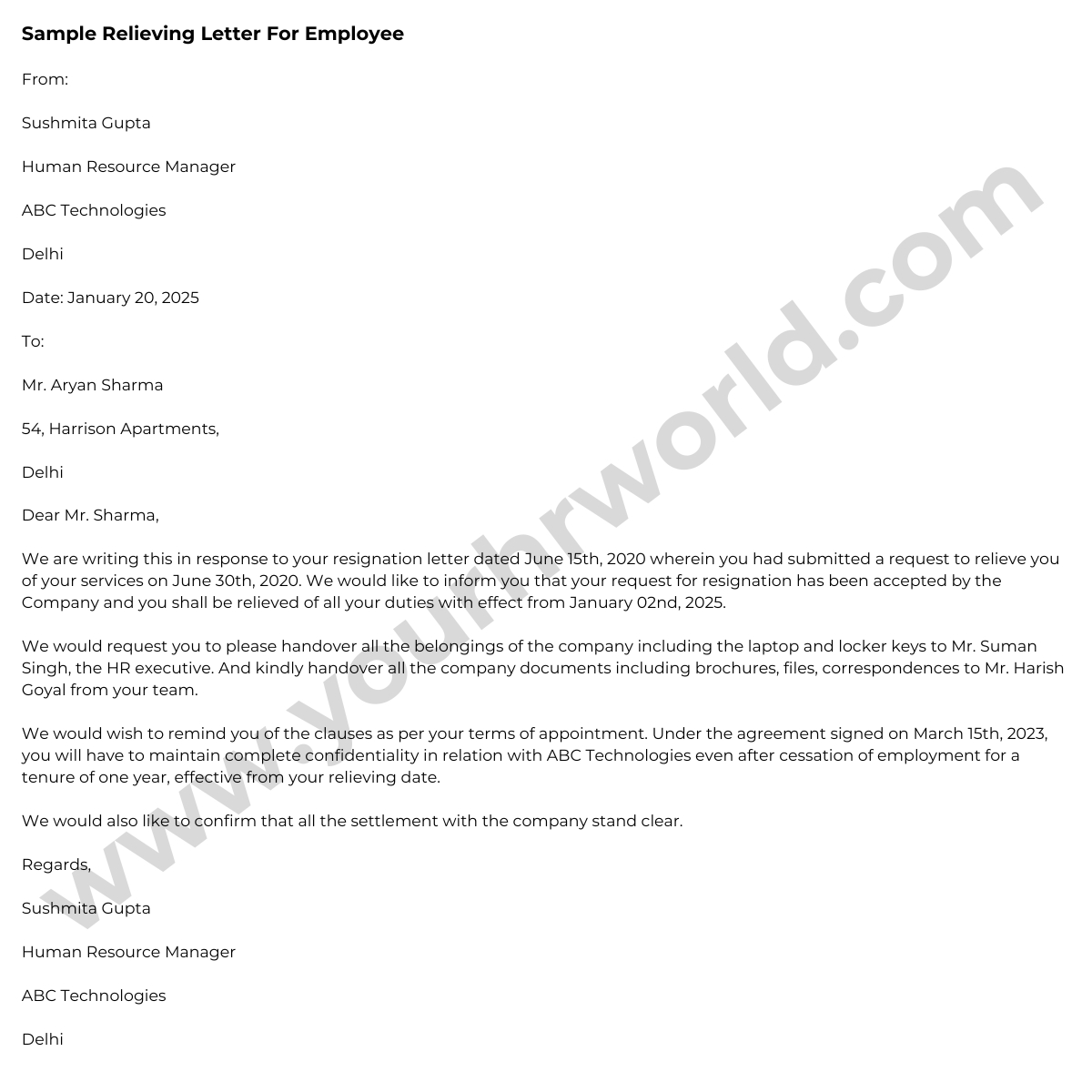 Relieving Order Letter - HR Letter Formats