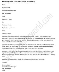 Relieving Letter Format from Employee to Company