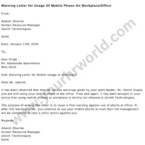 Warning Letter for Usage of Mobile Phone on Workplace/Office