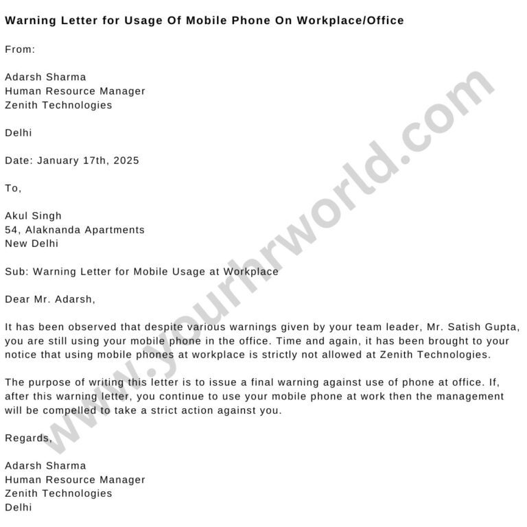 Warning Letter for Usage of Mobile Phone on Workplace/Office