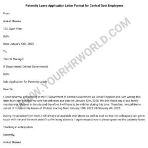 Paternity Leave Application Format for Central Government Employees