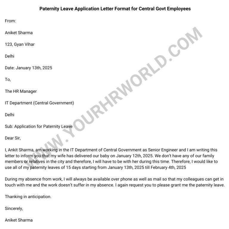 Paternity Leave Application Format for Central Government Employees
