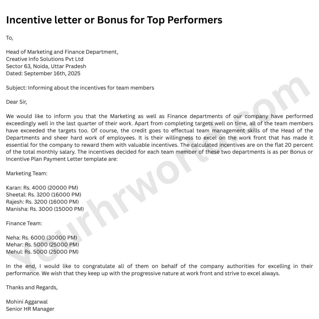Incentive letter or Bonus for Top Performers - HR Letter Formats